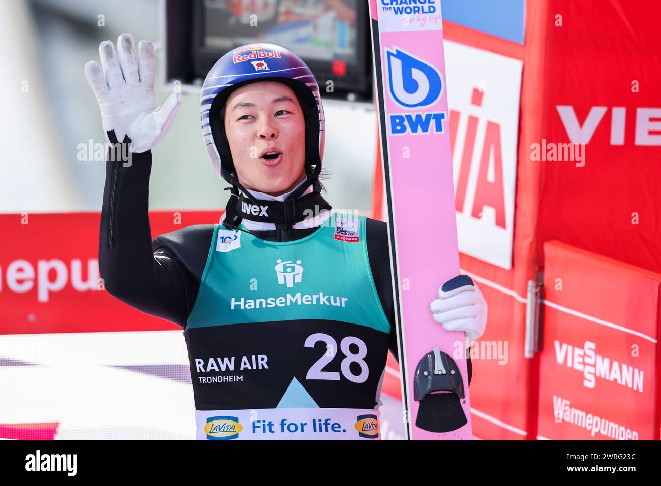 Trondheim 20240312.Ryoyu Kobayashi from Japan celebrates his victory ...