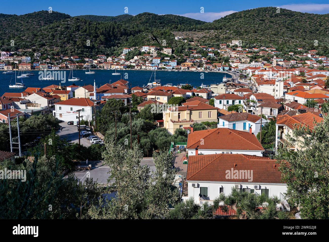 View of the village of Vathy, the capital of Ithaka island, Greece in ...