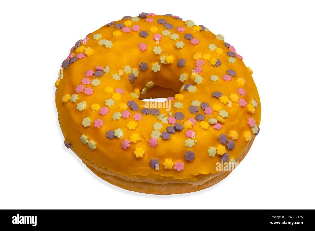 donut with orange frosty and sprinkles on top, isolated on white ...