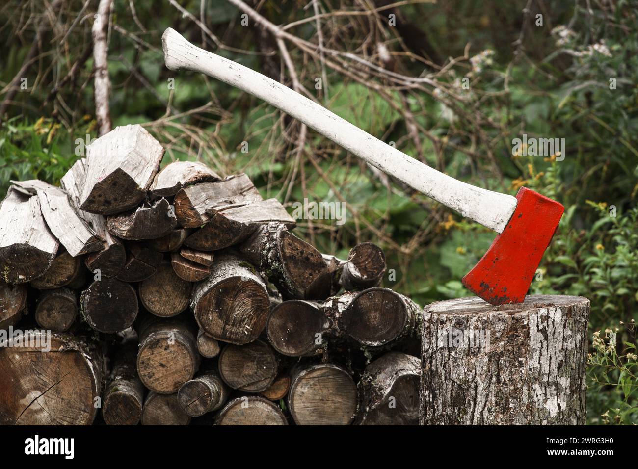 Axe in chopping block next to firewood Stock Photo - Alamy