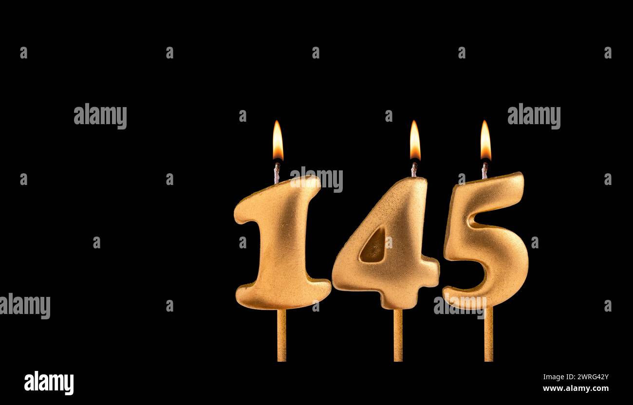 Golden candle 145 with flame - Birthday card on dark luxury background ...