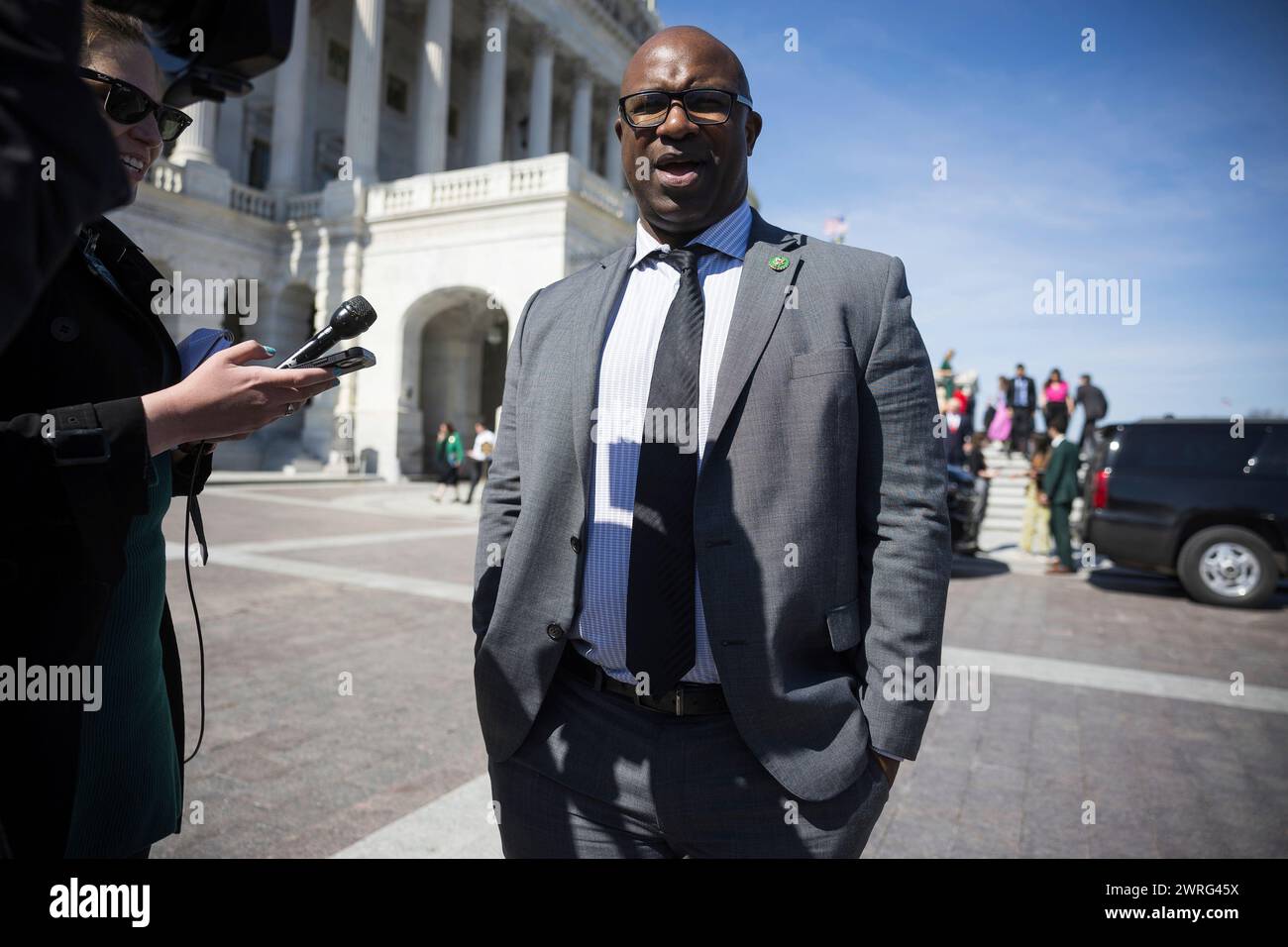 Rep. Jamaal Bowman (D-N.Y.) speaks with reporters outside the U.S ...