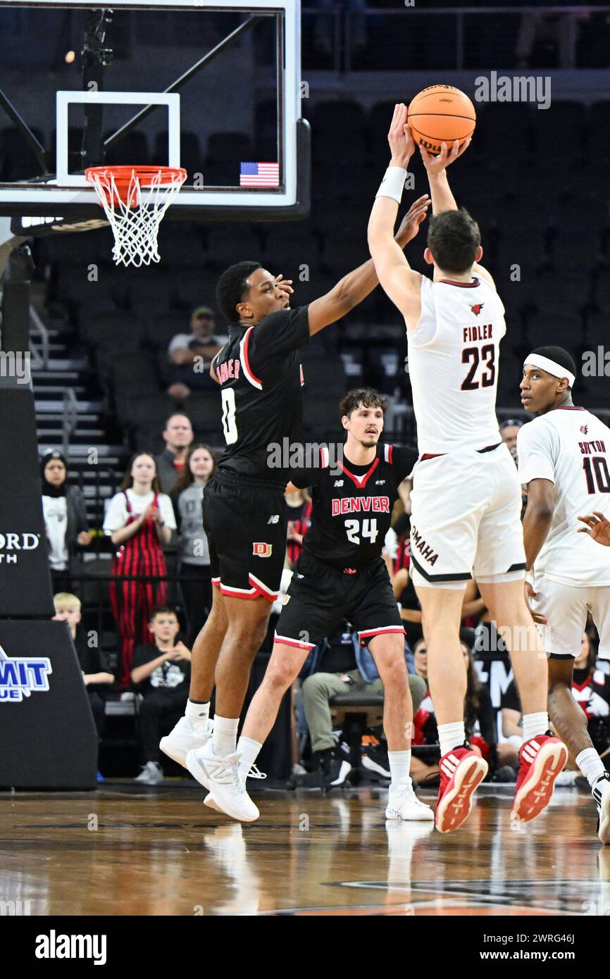 Denver Pioneers guard Tommy Bruner (0) fouls Nebraska-Omaha Mavericks forward Frankie Fidler (23 ...