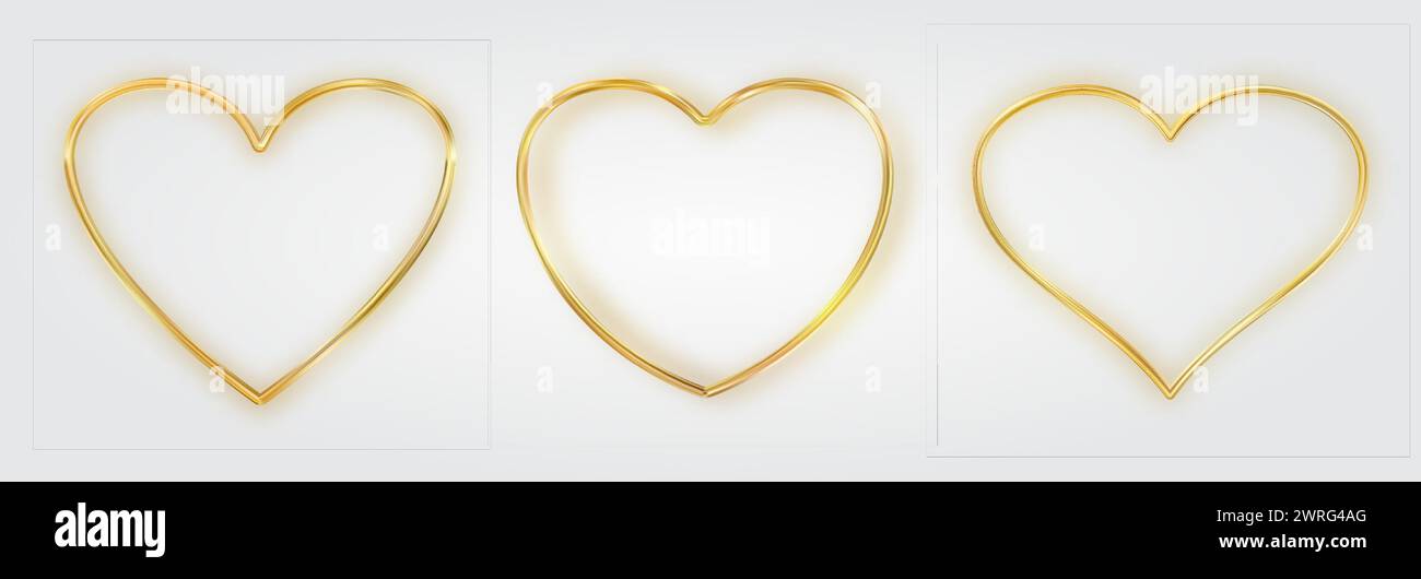 Thin gold heart frame set. Golden realistic heart border. Luxury symbol ...