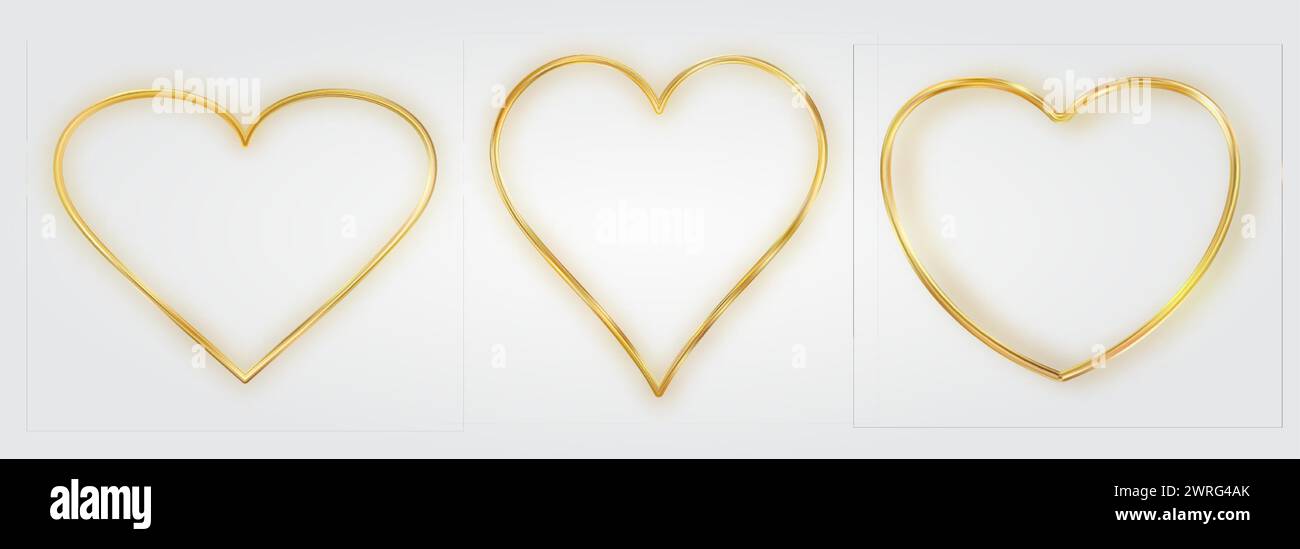 Thin gold heart frame set. Golden realistic heart border. Luxury symbol ...
