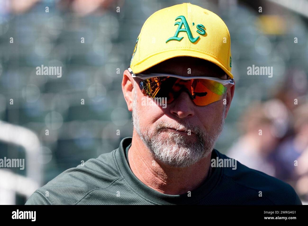 Oakland Athletics manager Mark Kotsay pauses on the field prior to a ...