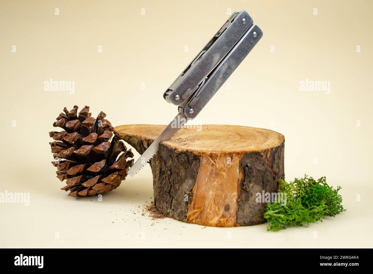 Swiss army pocket knife sawing a wooden log on beige background Stock ...