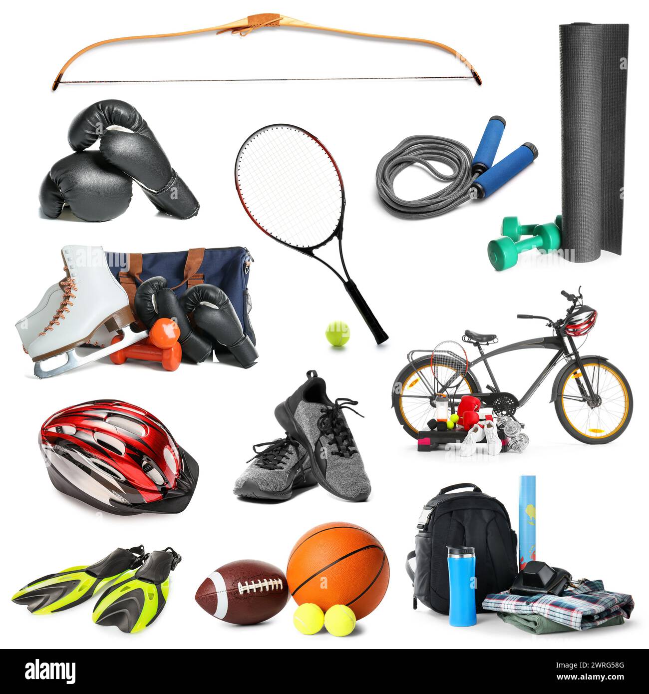 Set of sports equipment on white background Stock Photo - Alamy