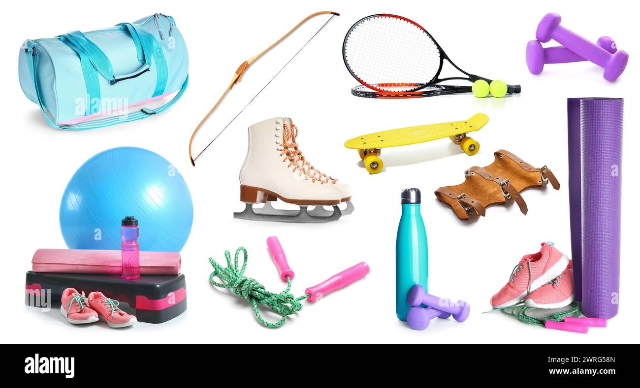 Collection of sports equipment on white background Stock Photo - Alamy