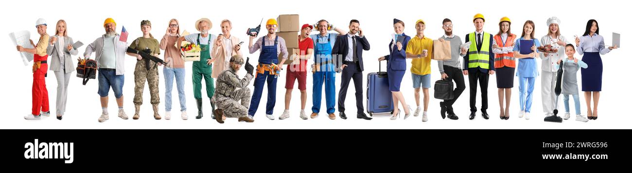 Big collage of people in uniforms of different professions on white ...