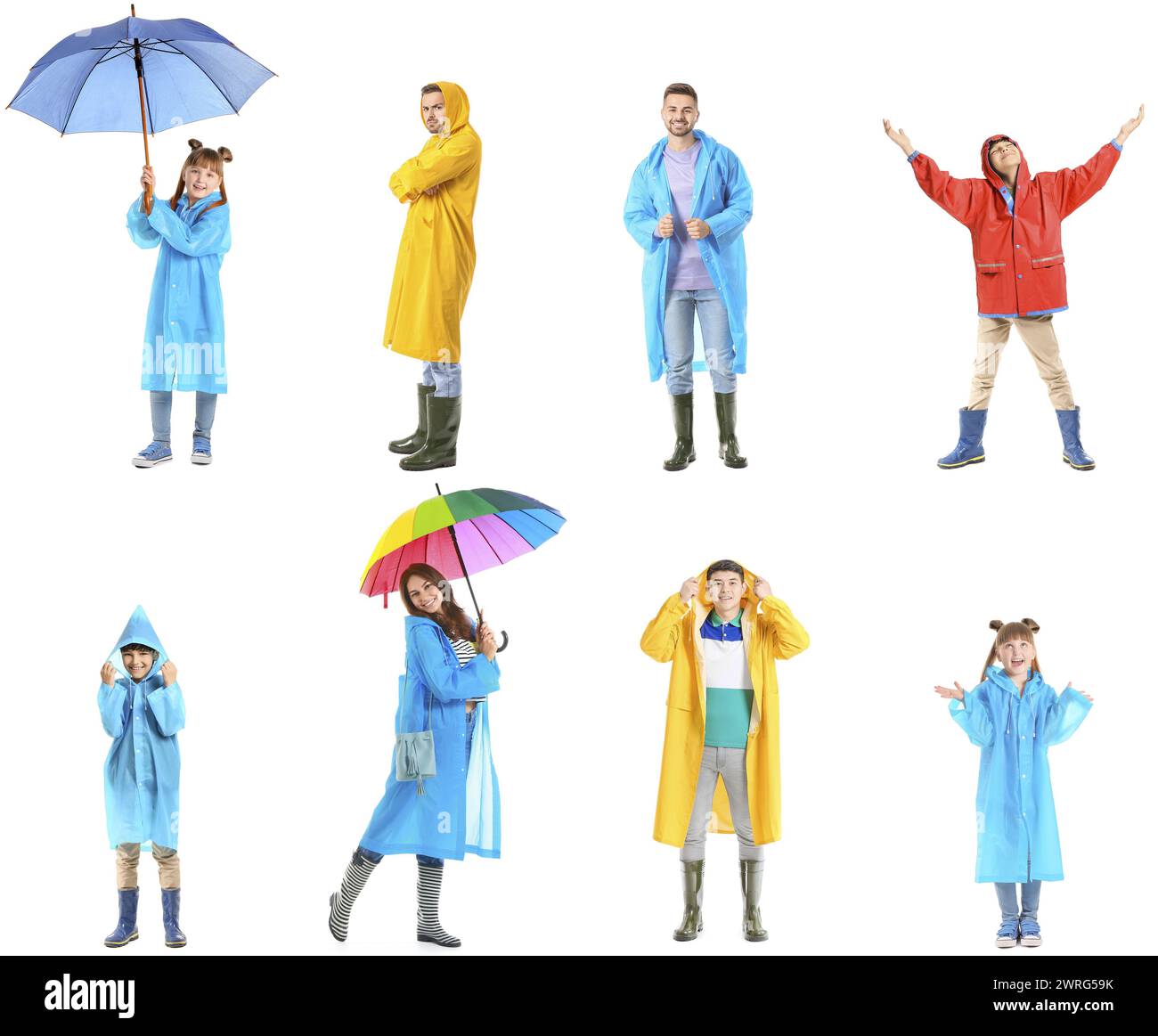 Set of different people in stylish raincoats on white background Stock ...