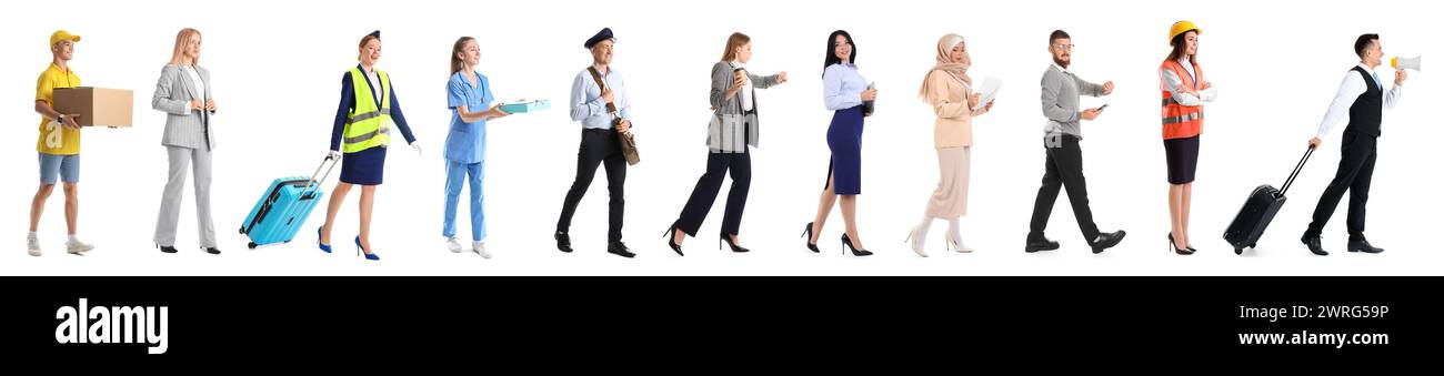 Group of people in uniforms of different professions on white ...