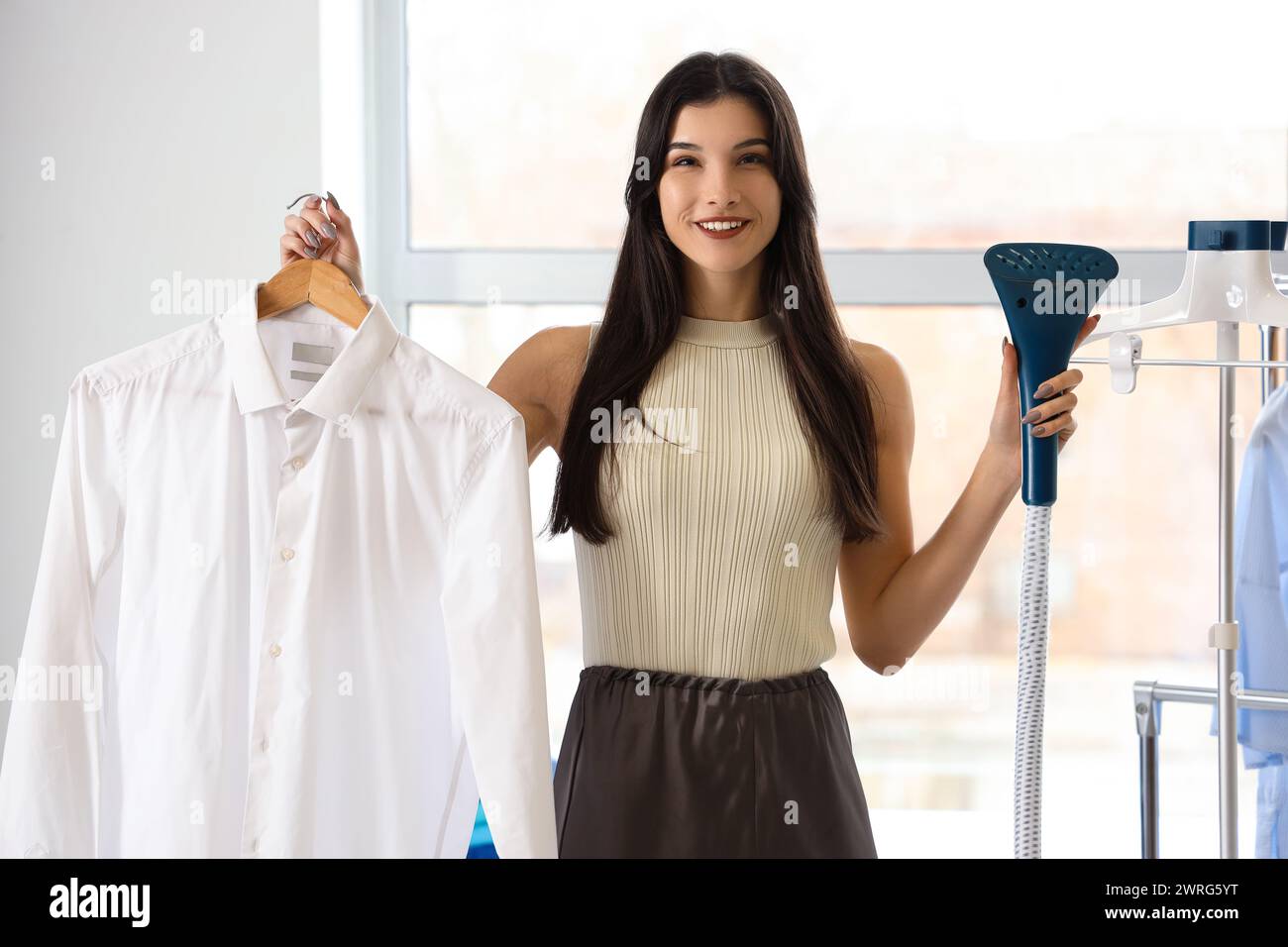 Pretty young woman with modern garment steamer and shirt at home Stock ...
