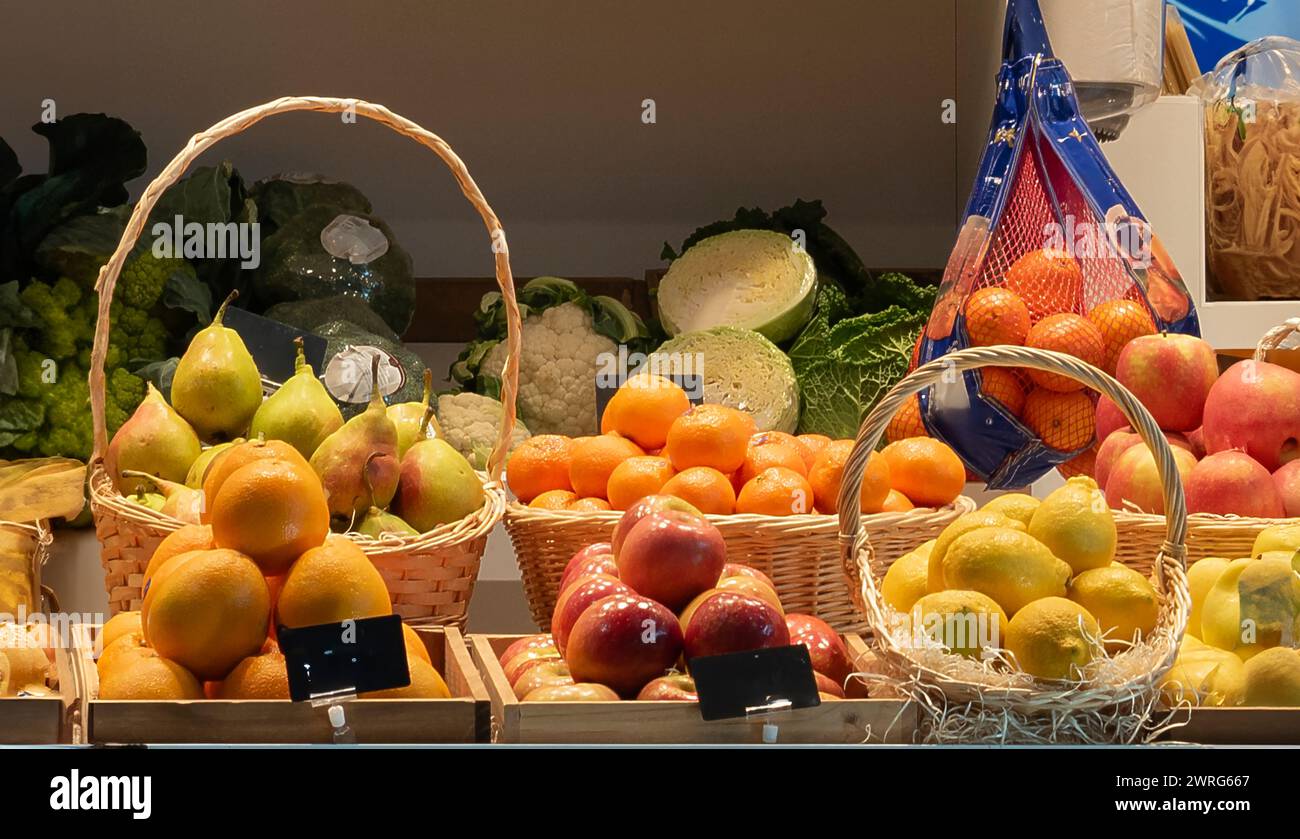 Fruit and vegetable stall on display for sale Stock Photo - Alamy