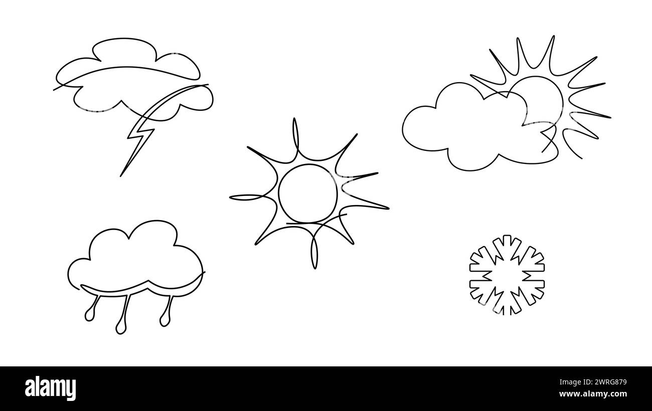 Continuous line sun cloud art. Single line sketch sunny summer travel ...