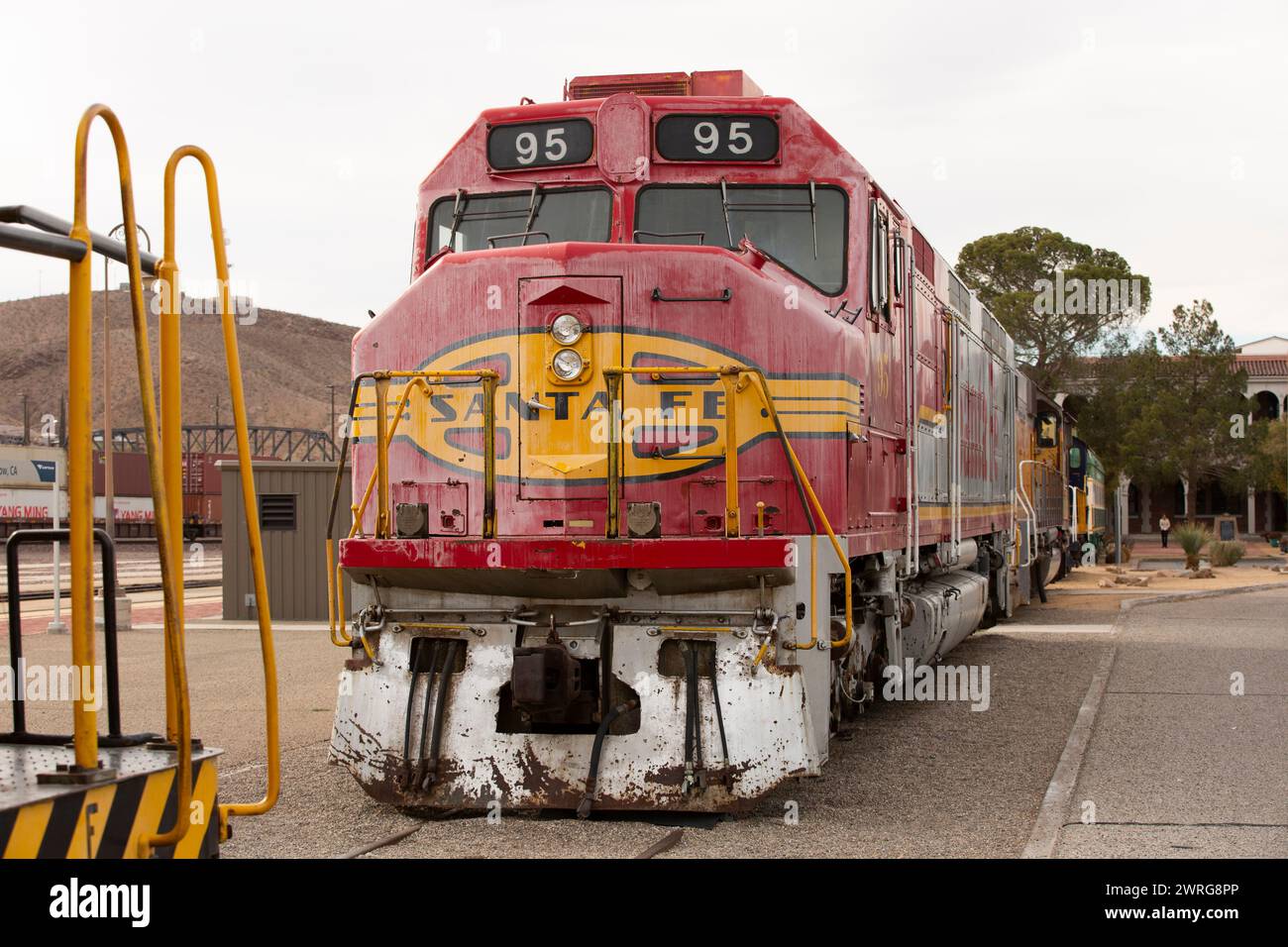Barstow, California, USA - June 20, 2020: A Santa Fe train engine rests ...