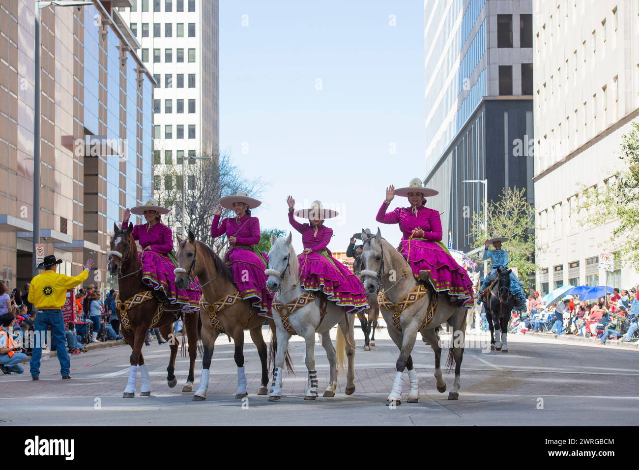 Mexican Women in traditional costume on horseback, rodeo parade in ...