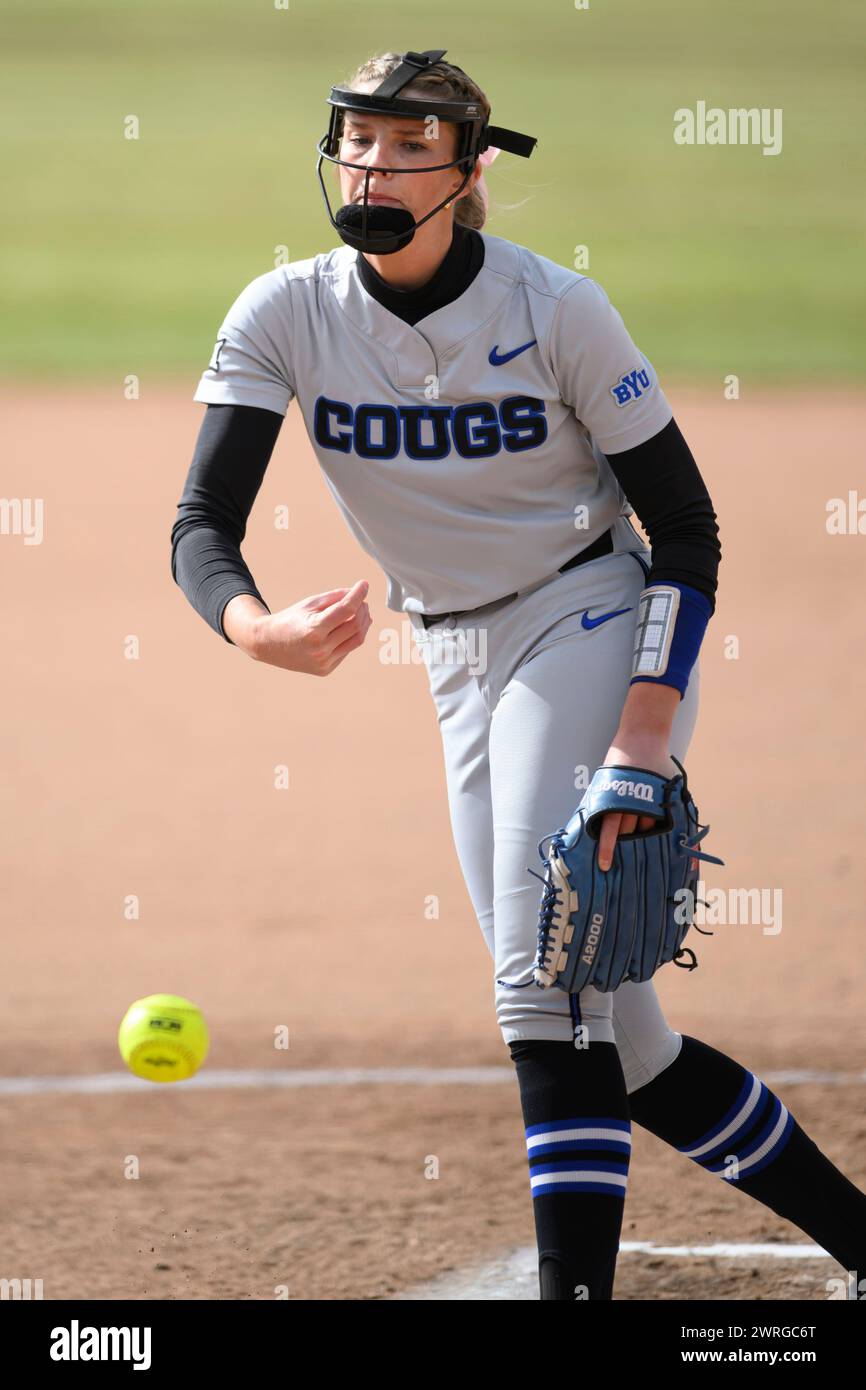 BYU pitcher Kate Dahle (26) throws the ball during an NCAA softball ...
