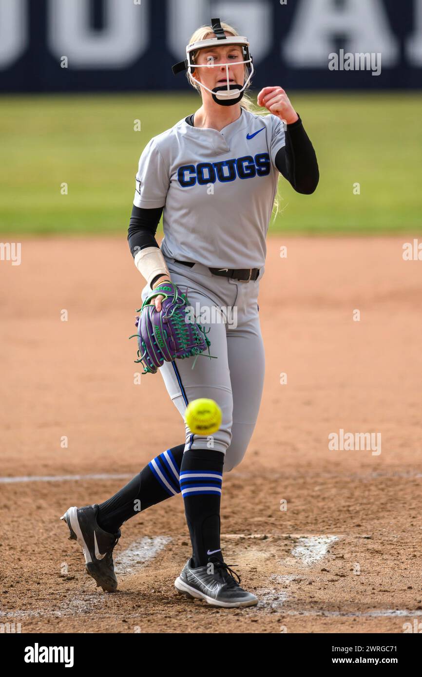 BYU pitcher Chloe Temples (38) throws the ball during an NCAA softball ...