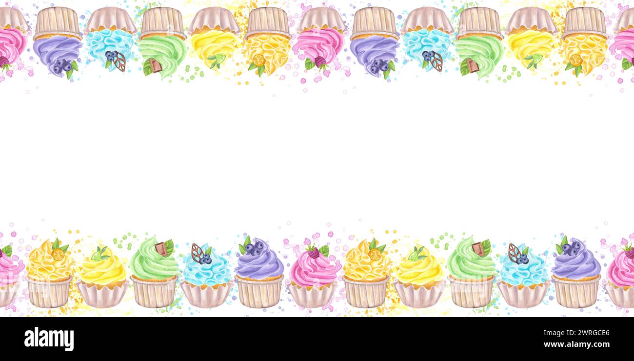 Seamless border frame rainbow multicolored cupcakes muffins, sweet whipped cream. Berries ...