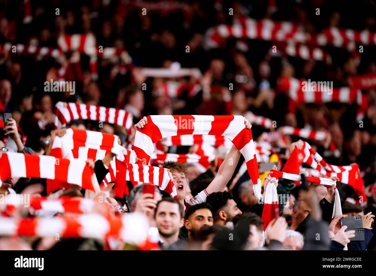 Arsenal fans in the stands ahead of the UEFA Champions League Round of ...