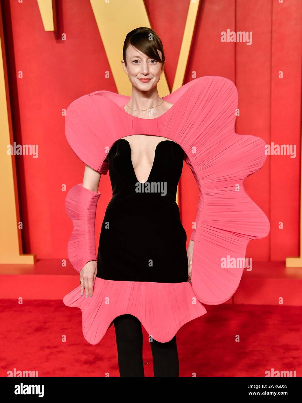 Andrea Riseborough arrives at the Vanity Fair Oscar Party on Sunday ...