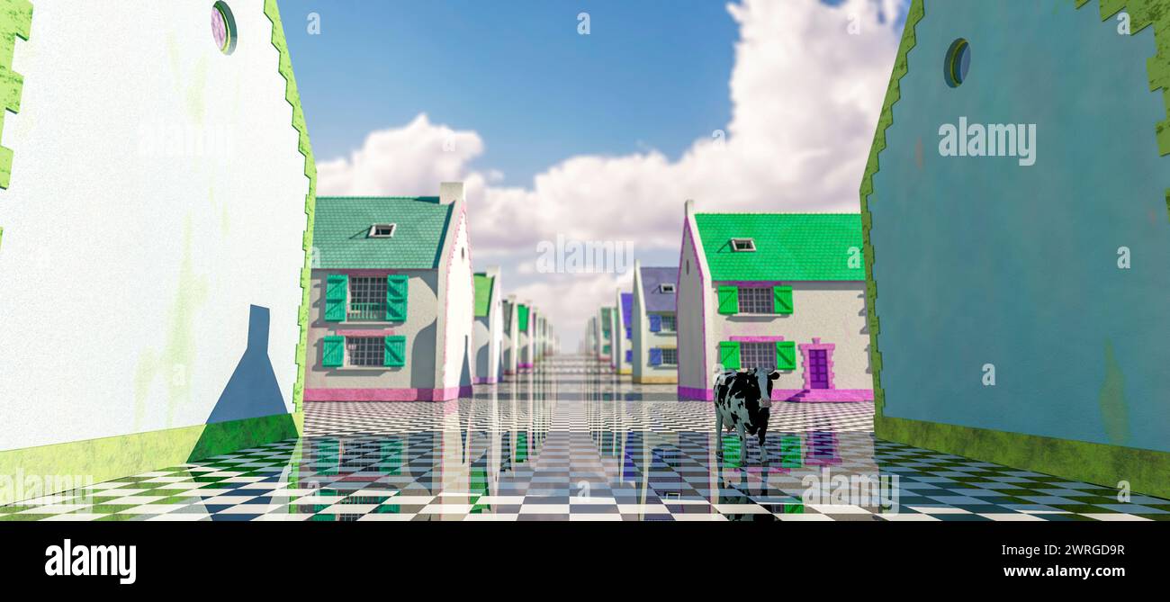 Digital art depicting a cow on a checkerboard road in a vibrant ...