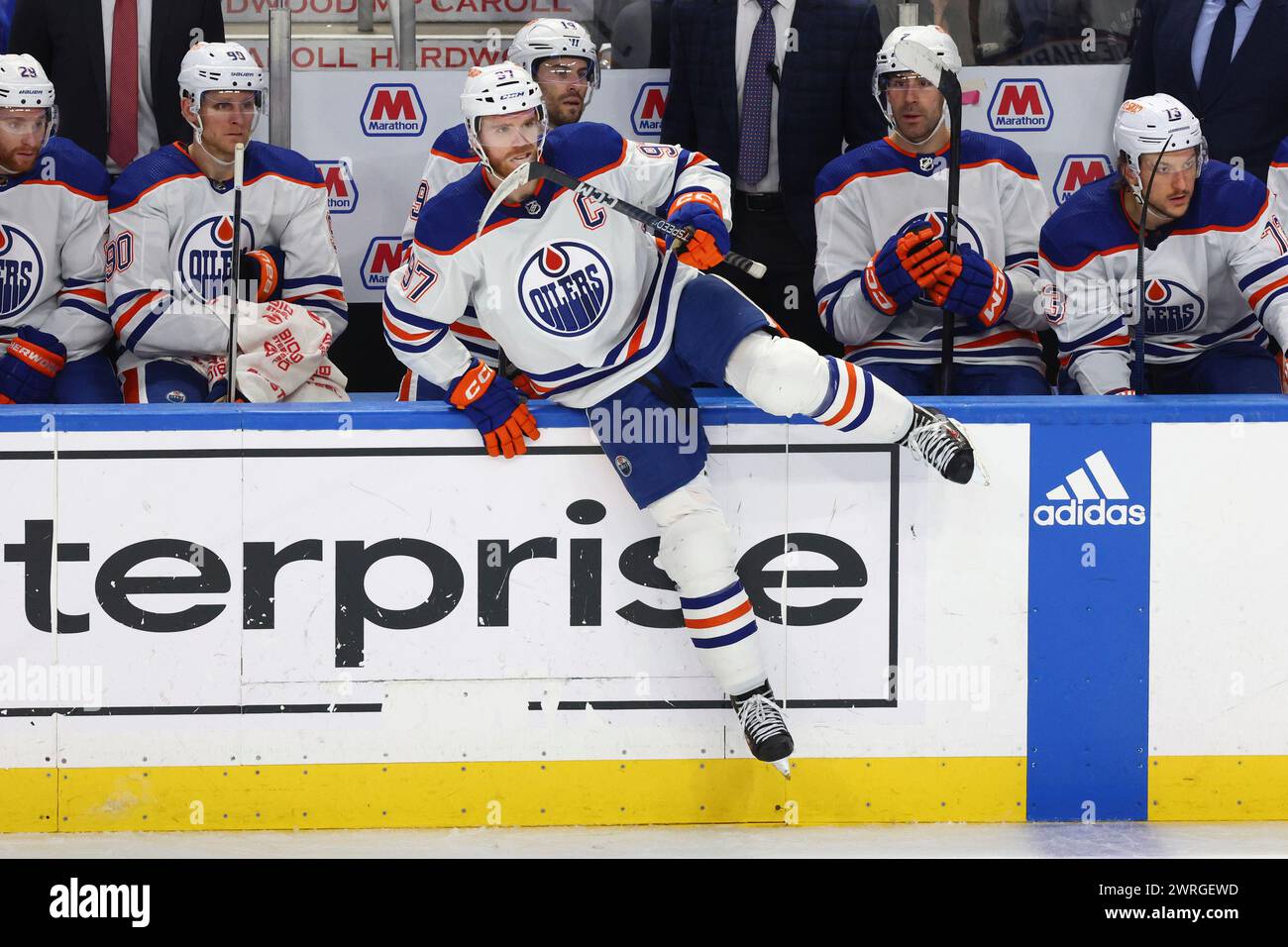 Edmonton Oilers center Connor McDavid (97) comes off the bench during ...
