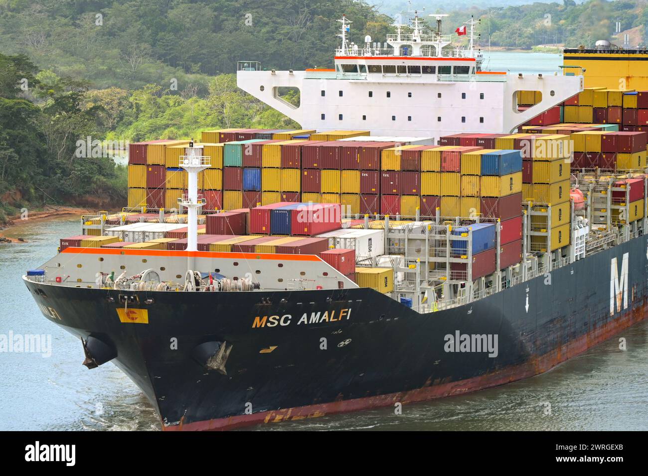Panama Canal, Panama - 23 January 2024: Close up view of the container ...