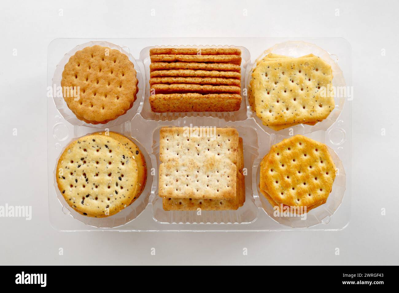 Overhead shot of assorted crackers on white Stock Photo - Alamy