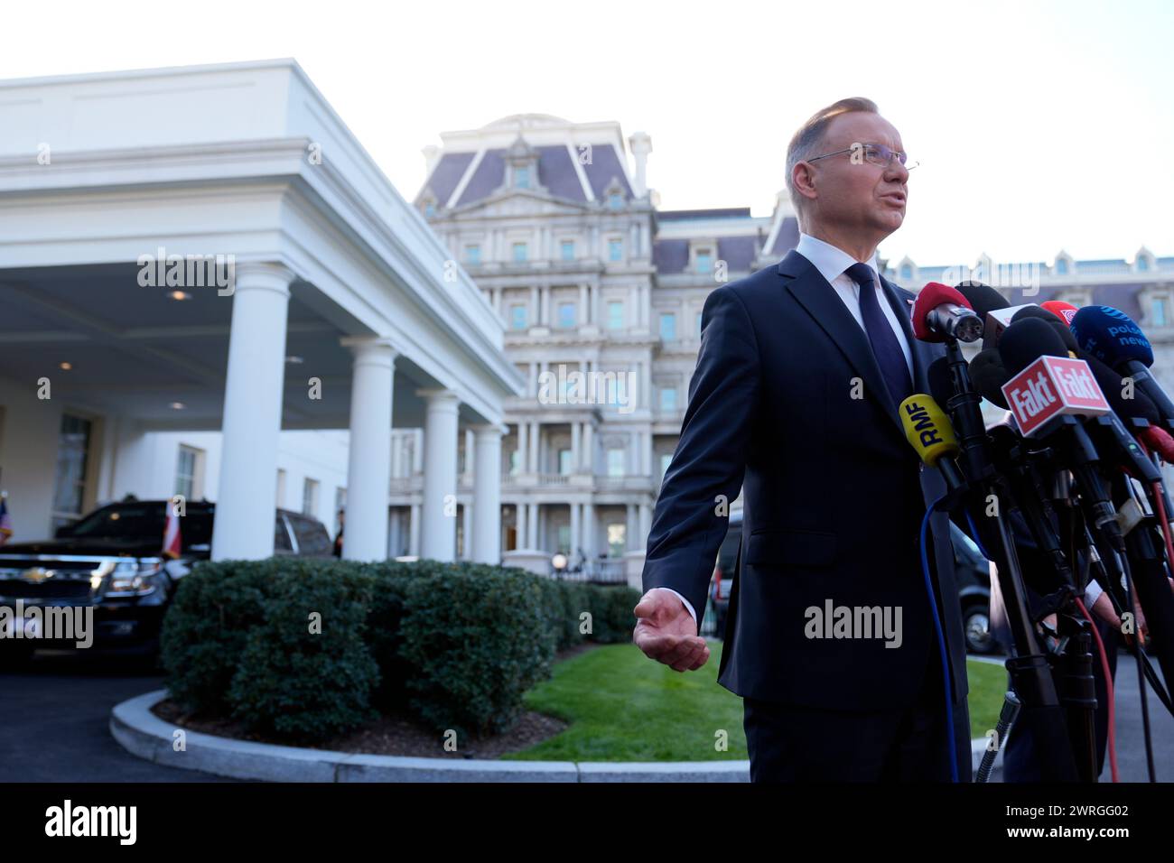 Polish President Andrzej Duda talks to reporters outside the West Wing ...