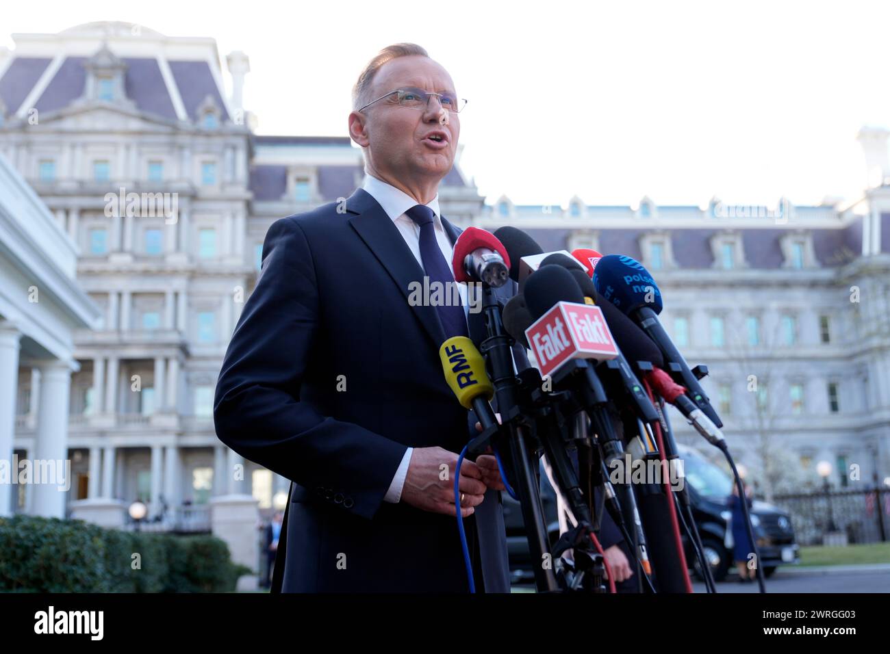 Polish President Andrzej Duda talks to reporters outside the West Wing ...