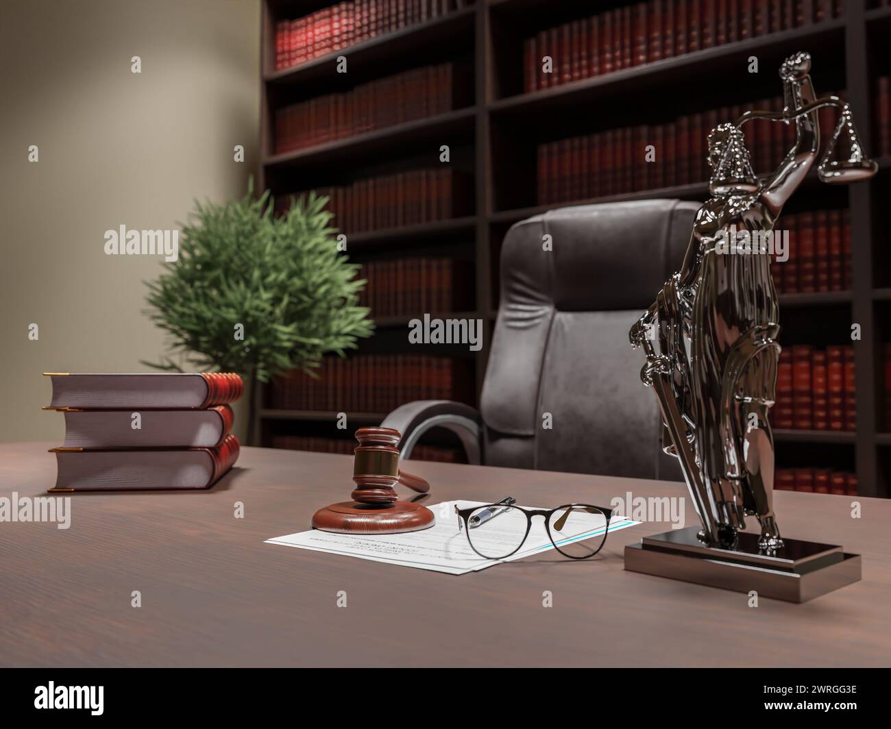 3D rendeing of Judge room desk with gavel, statue of Themis of Justice ...