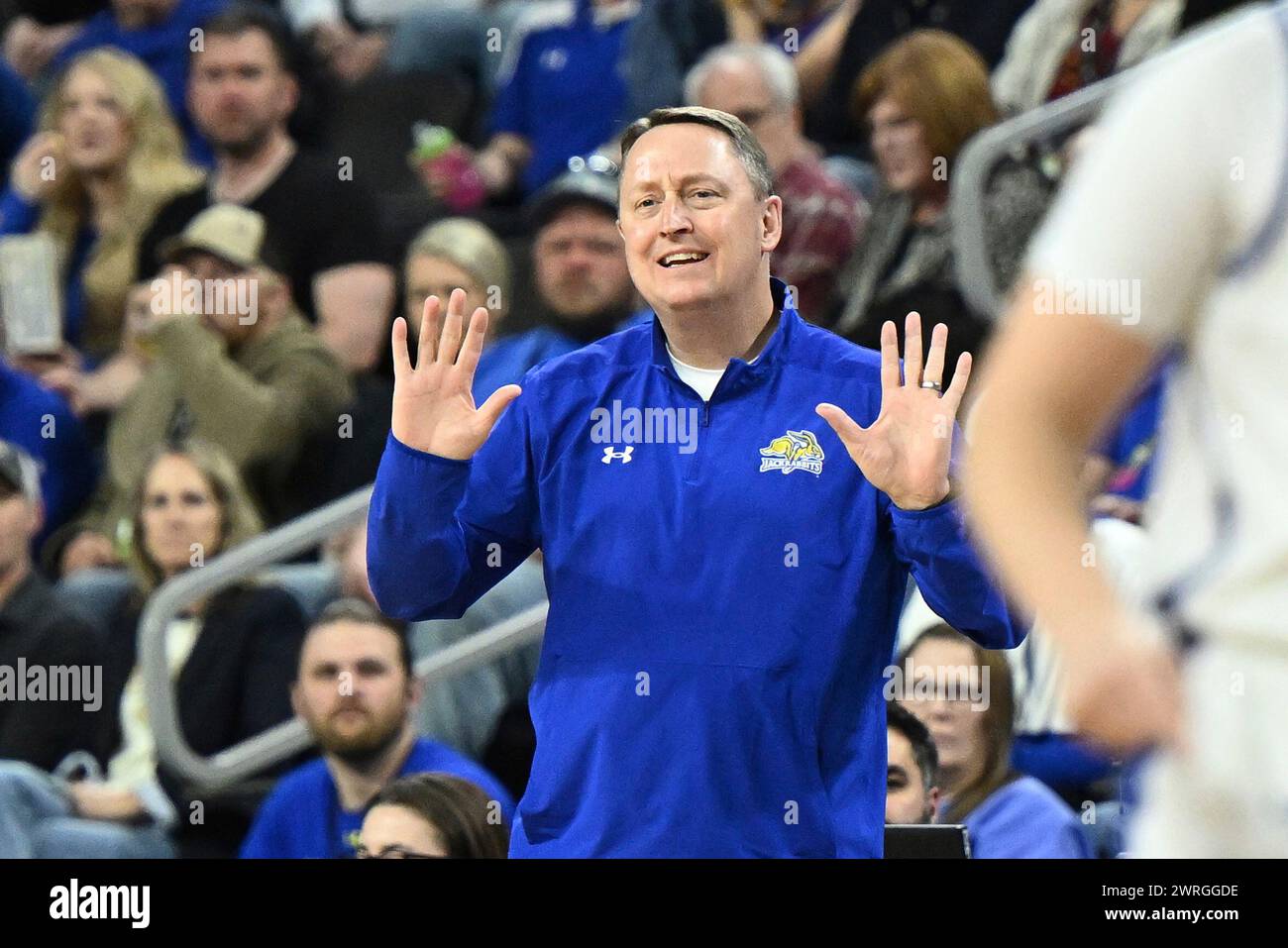 South Dakota State Jackrabbits head coach Aaron Johnston signals to his ...