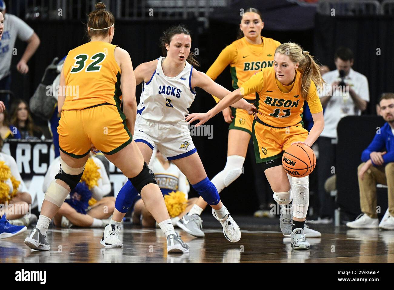 North Dakota State Bison guard Heaven Hamling (11) dribbles past South ...