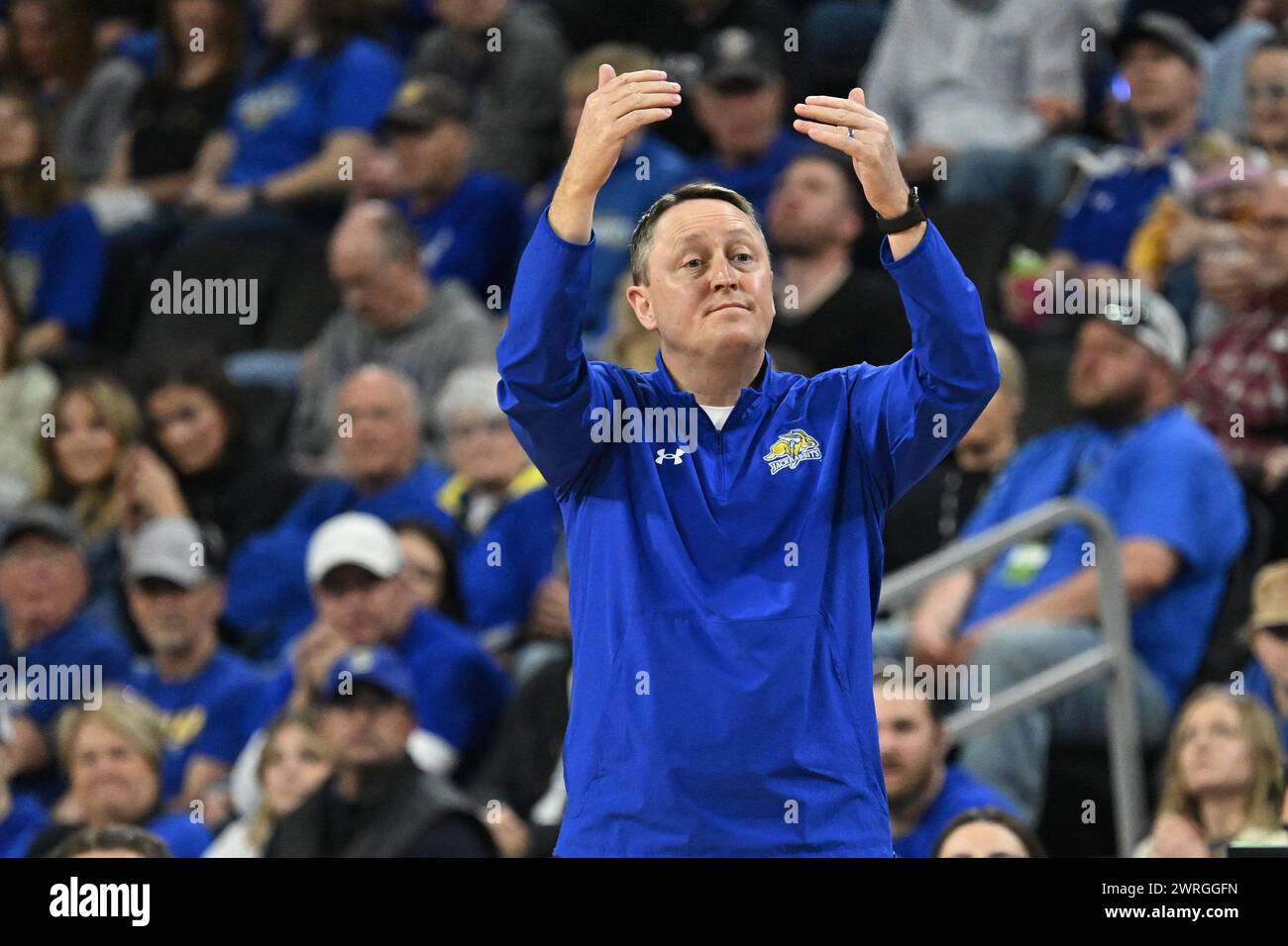 South Dakota State Jackrabbits head coach Aaron Johnston motions to his ...