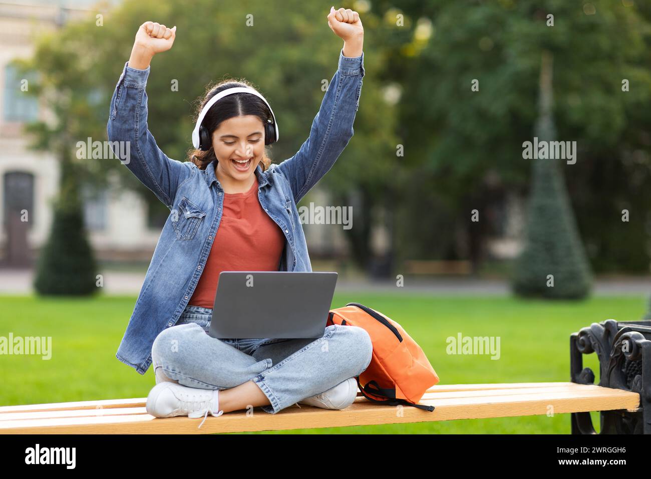 Emotional eastern woman student celebrating success, passed exam Stock ...
