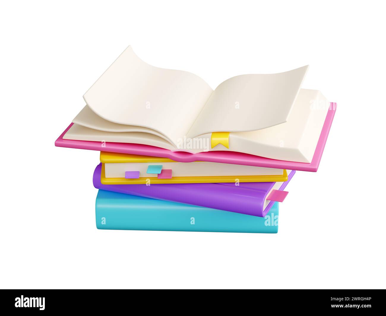 Pile of close paper books and open one with white pages, colorful hard ...
