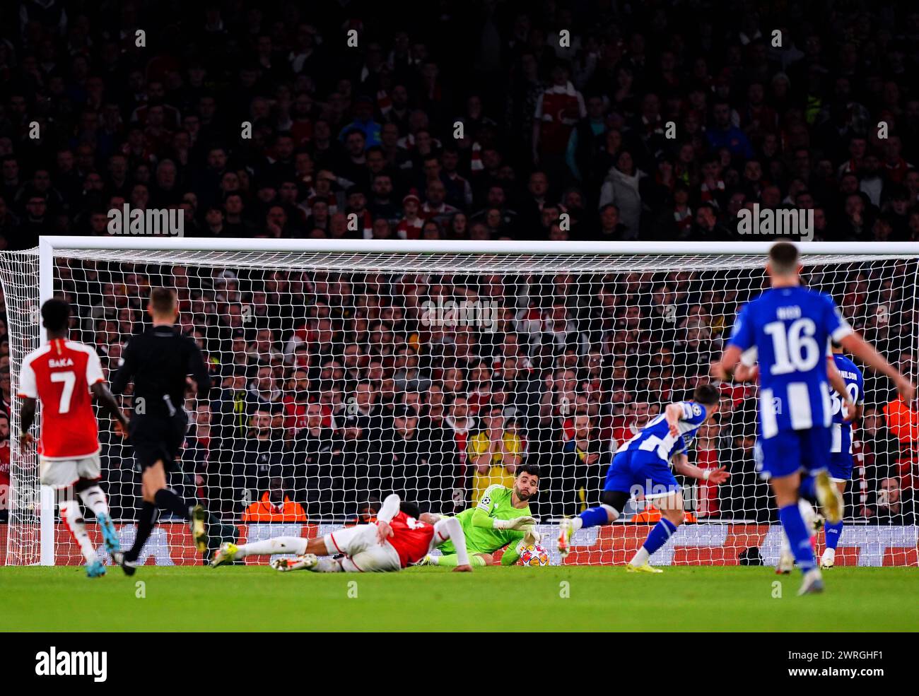 Arsenal goalkeeper David Raya makes a save during the UEFA Champions ...