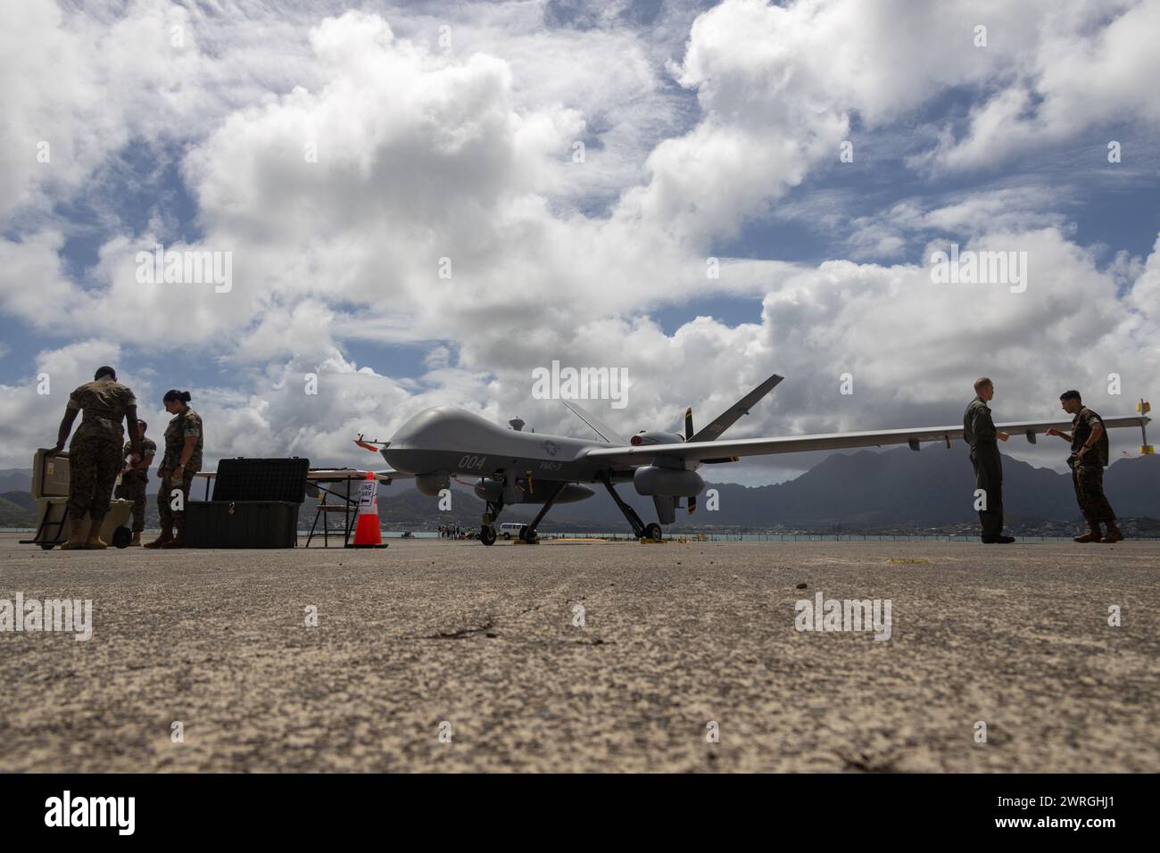 A U.S. Marine Corps MQ-9A MUX/MALE assigned to Marine Unmanned Aerial Vehicle Squadron 3, Marine ...