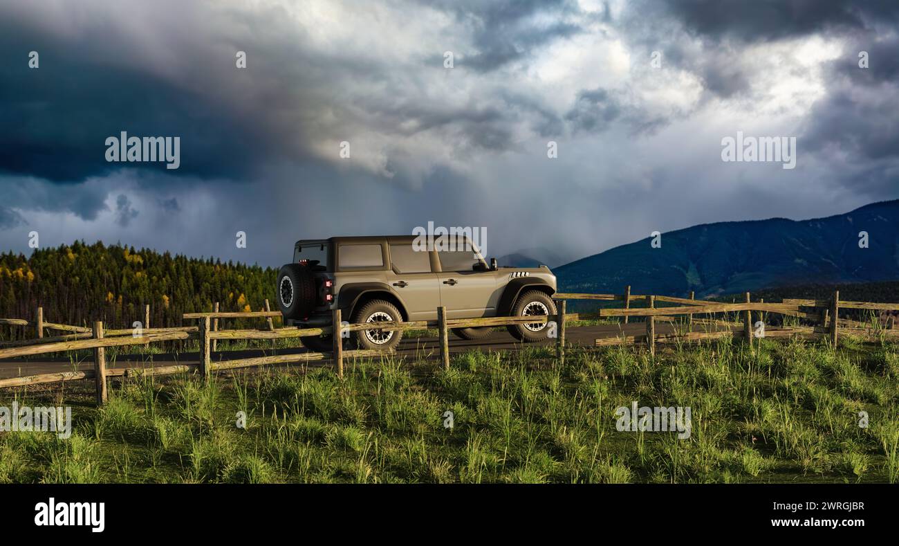 Ford Bronco Raptor on a road with rocky mountain landscape in ...