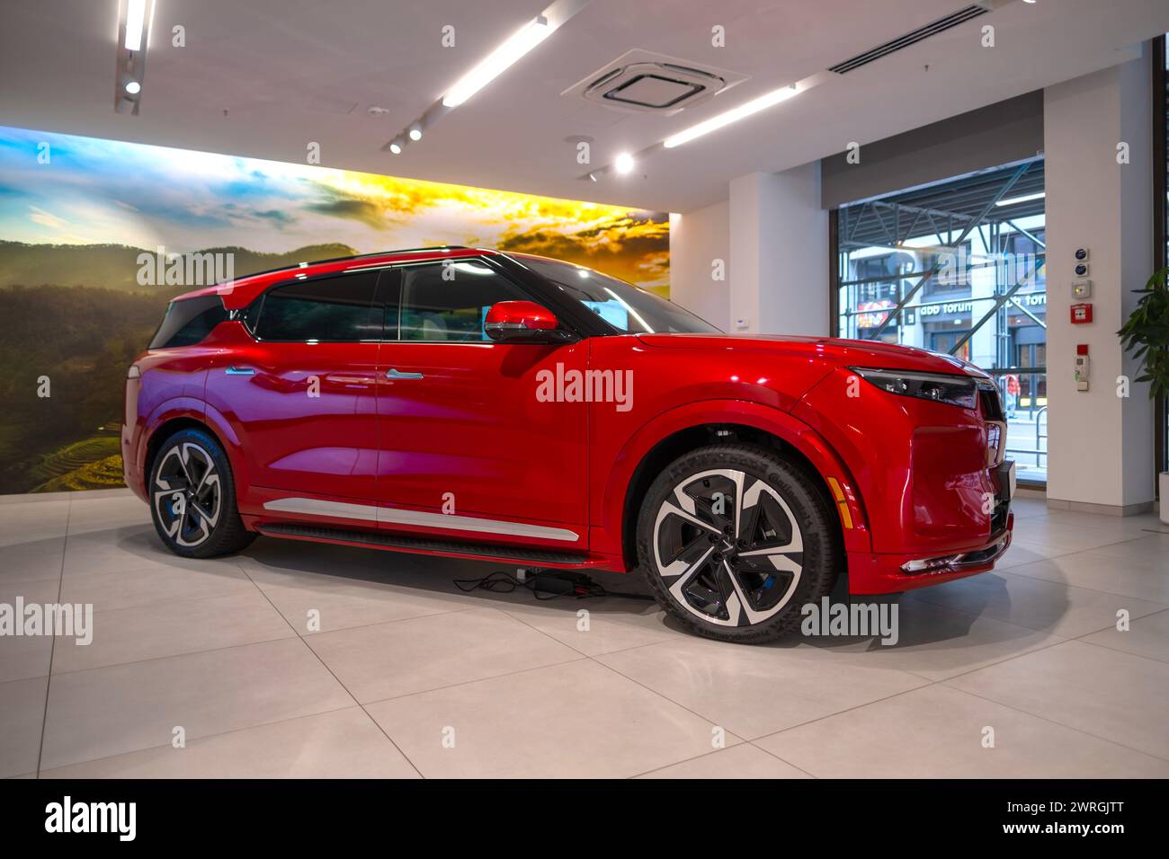 new red Vinfast vf 9 electric SUV in Studio, advanced technologies in ...