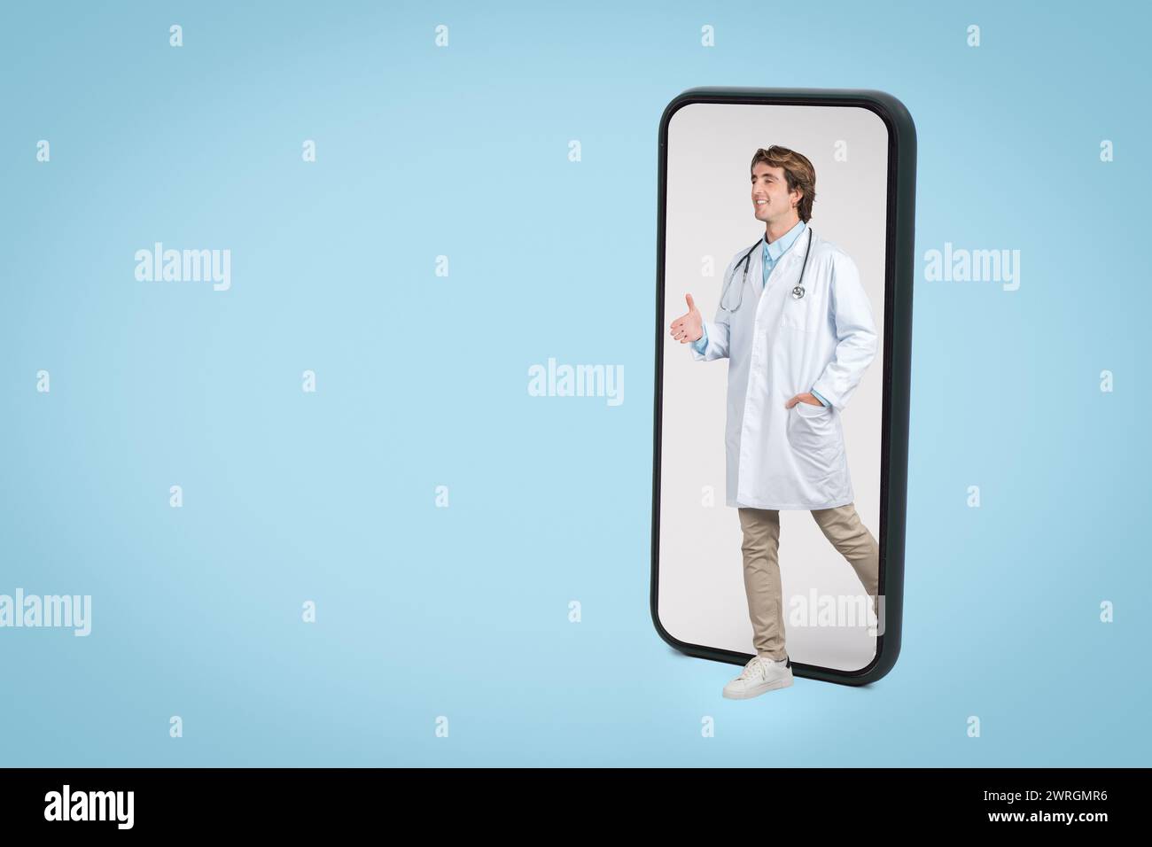 Doctor man in lab coat inside phone, showcasing telehealth Stock Photo ...
