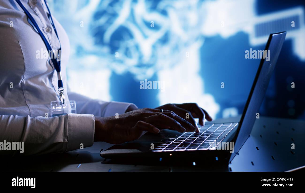 Admin writing artificial intelligence script code in cloud computing business establishment on ...