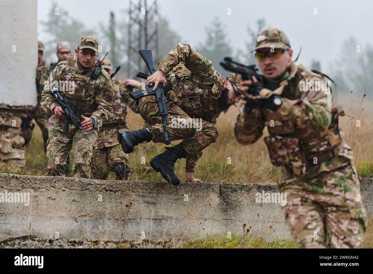 A highly trained elite military unit, clad in camouflage, skillfully ...