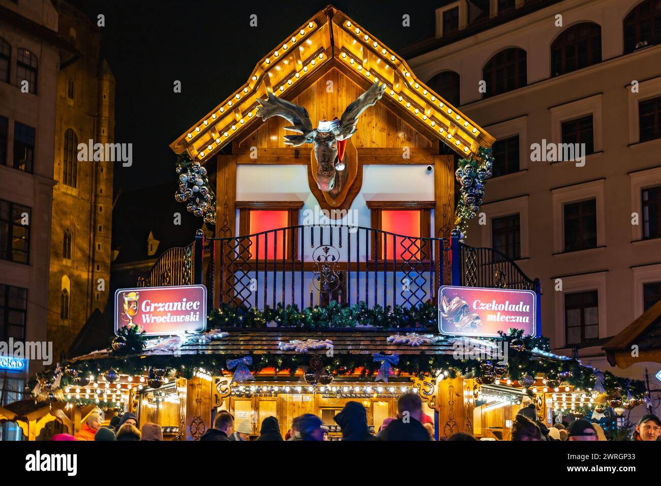 Wroclaw, Poland - November 25 2023: Beautiful and colorful decorations, constructions and ...
