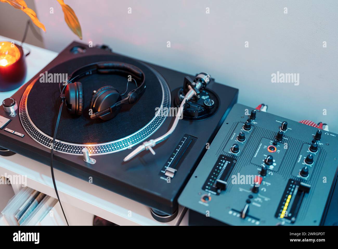 Professional dj equipment setup with turntable and mixer Stock Photo ...