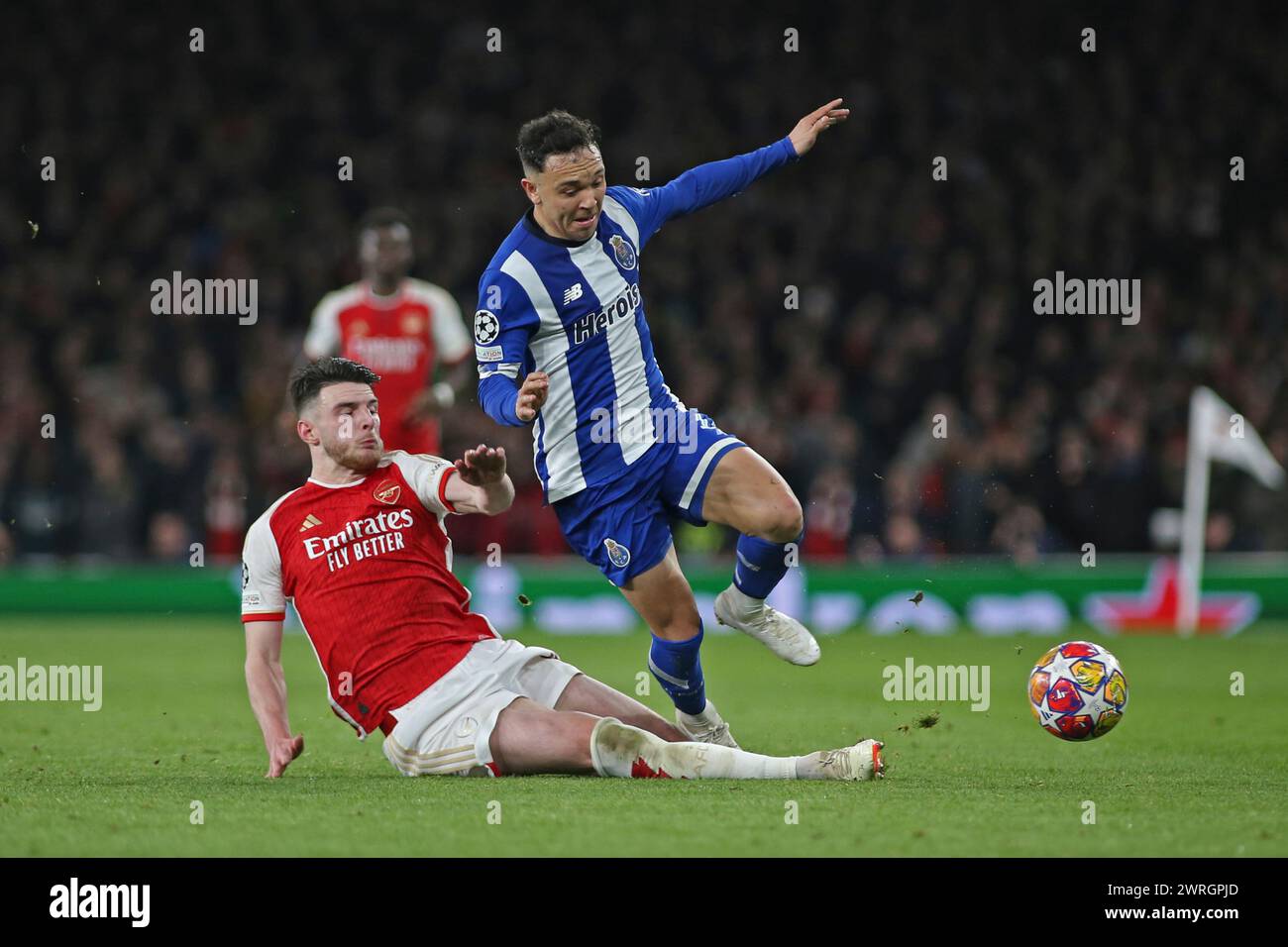 London, March 12th 2024: Declan Rice of Arsenal slide tackle on Pepe ...