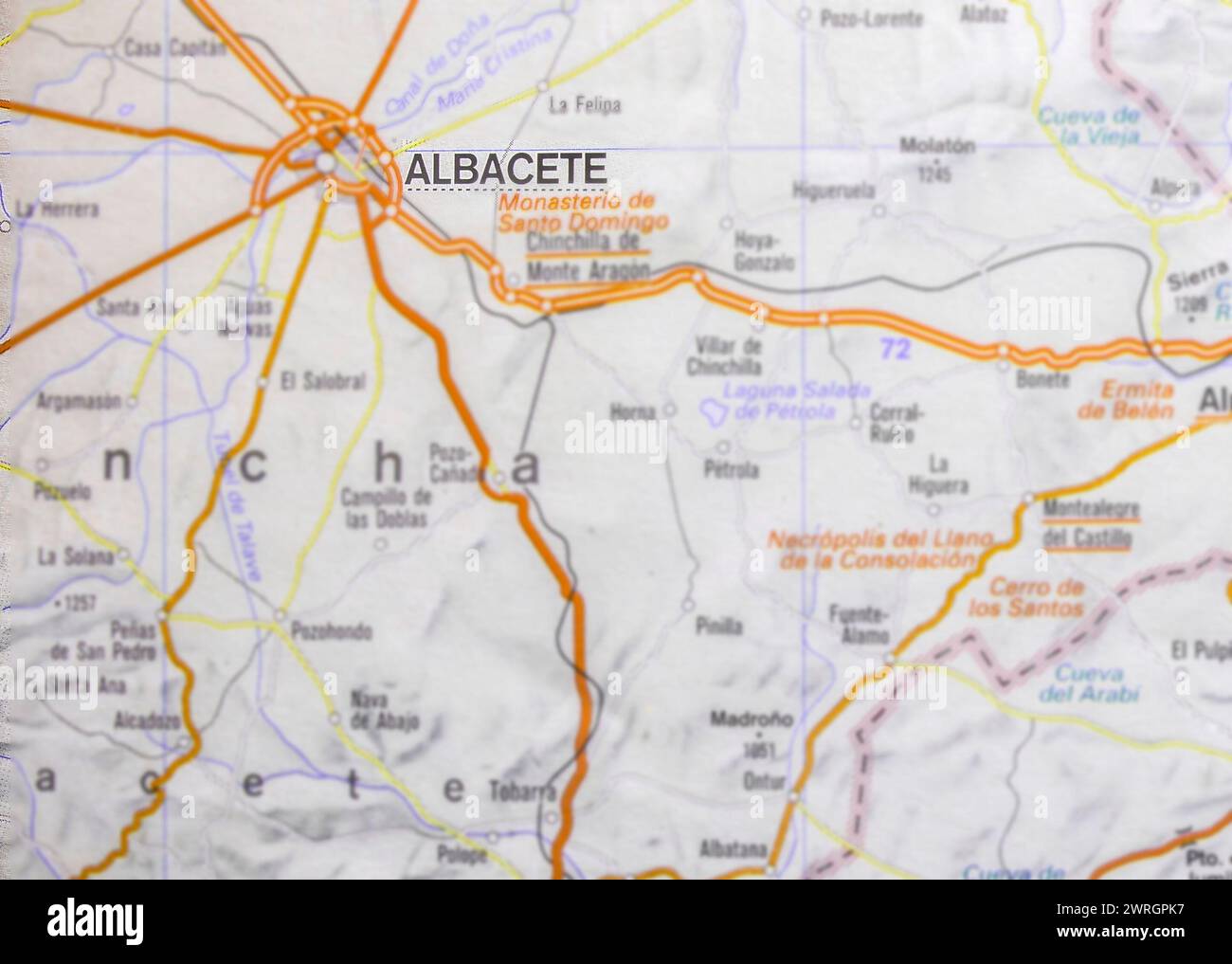 Albacete city on map, Castile–La Mancha, Spain. Selective focus over ...