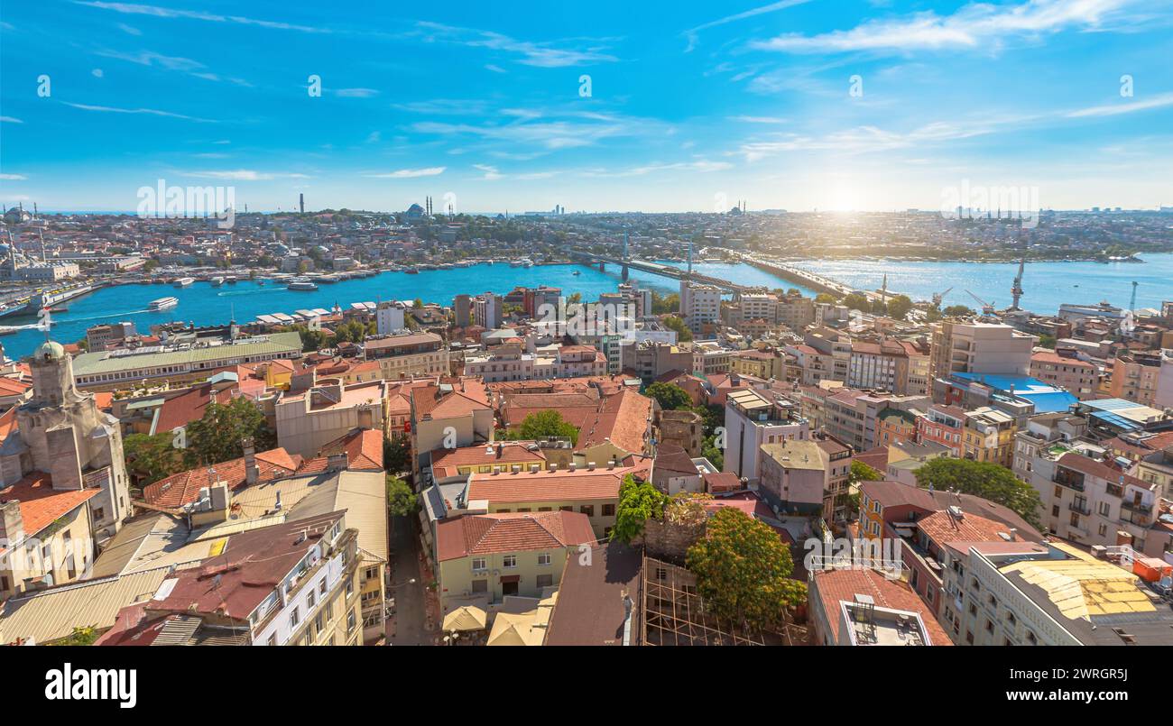 Aerial cityscape of istanbul with prominent landmarks and the bosphorus ...